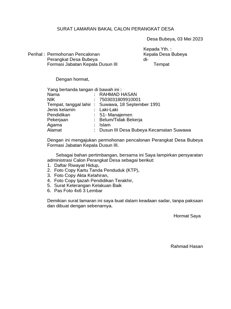 Surat Lamaran Calon Perangkat Desa | PDF