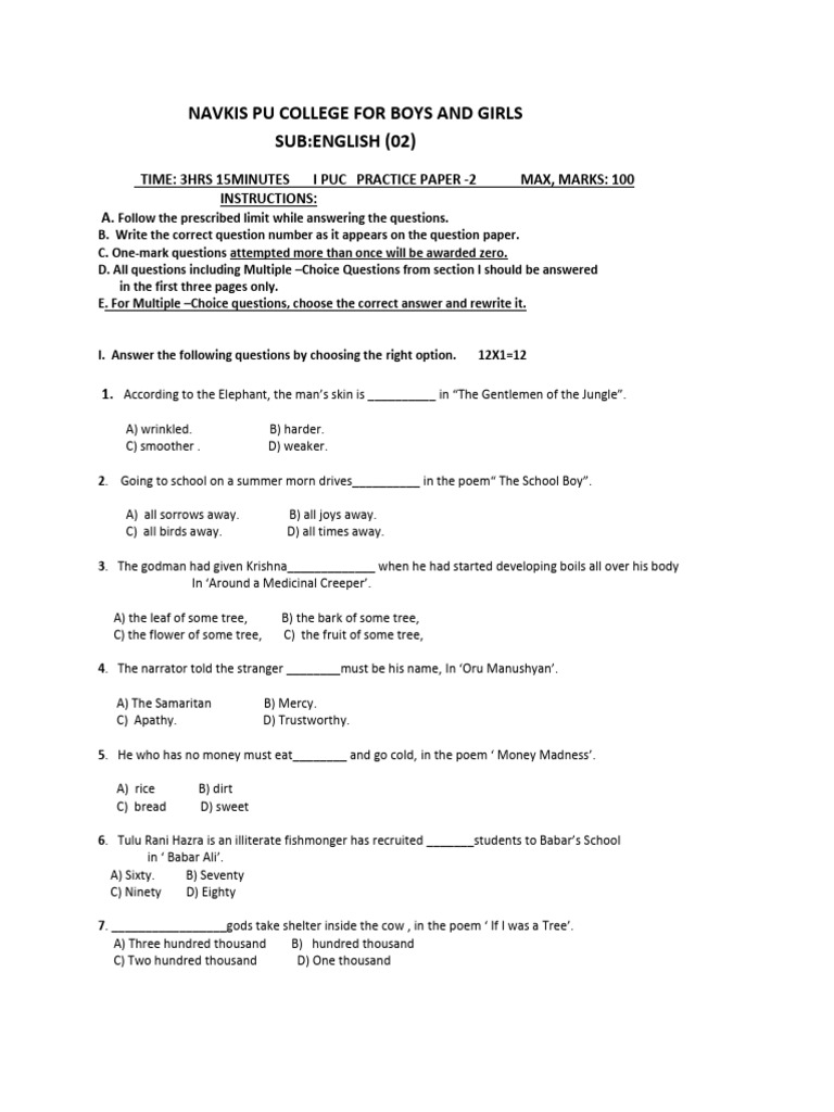 English Practice Paper for I PUC Students | PDF | Olympic Games ...