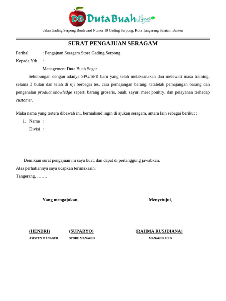 Pengajuan Seragam SPG/SPB Duta Buah | PDF