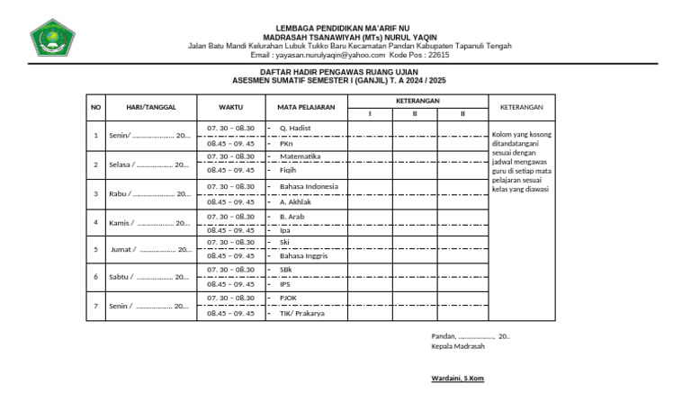 Daftar Hadir Pengawas Ruang Ujian | PDF