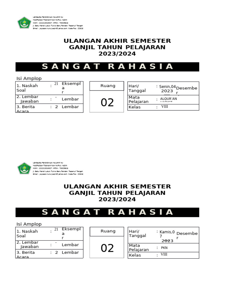 Amplop Depan Naskah Soal Kelas 8 FIX | PDF