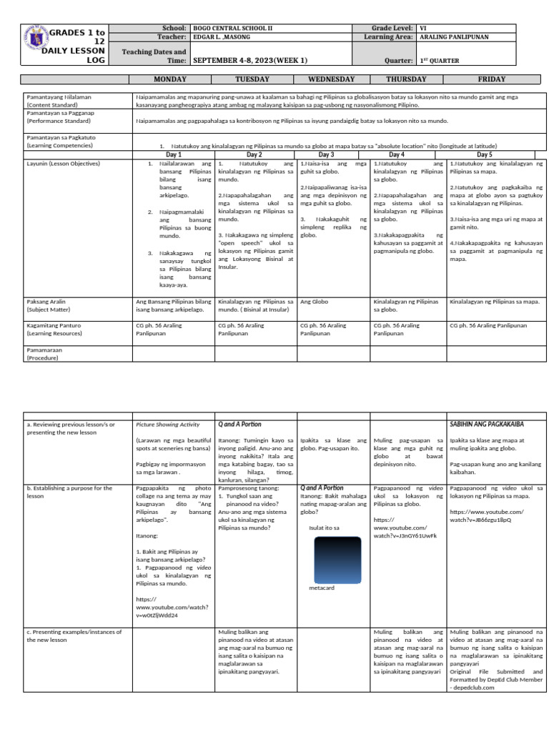 Grade 6 DLL Araling Panlipunan 6 Q1 Week 1 | PDF