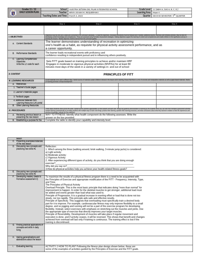 DLP WEEK 1 HOPE 4 | PDF | Learning | Physical Fitness