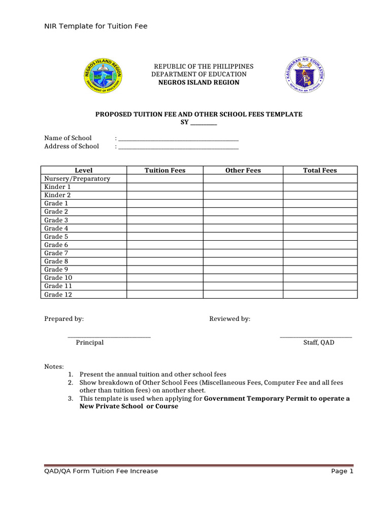 Qad Template For Tuition Fee | PDF | Education Economics | Education Finance
