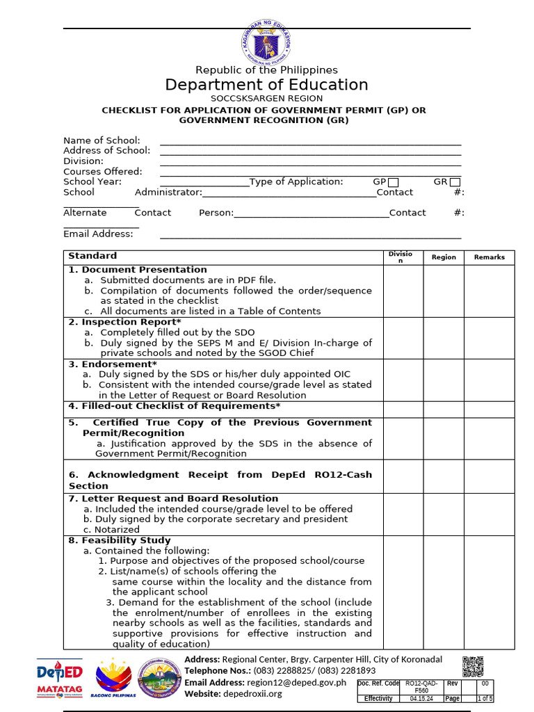 Checklist For Application For Government Permit and Government ...