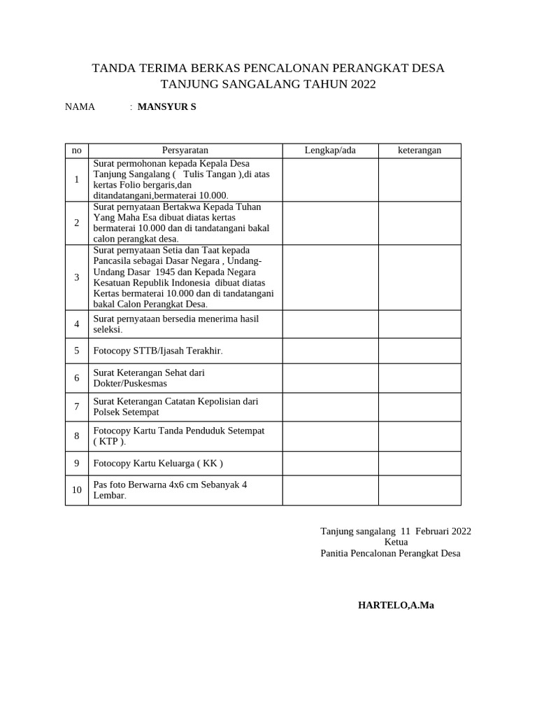 Tanda Terima Berkas Pencalonan Perangkat Desa Tanjung Sangalang Tahun ...
