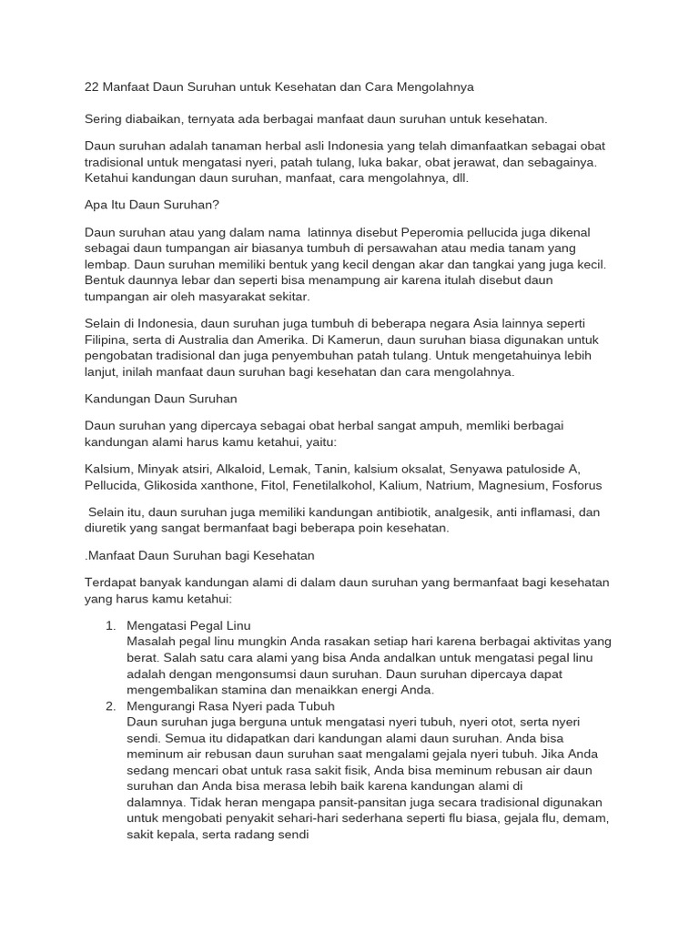 22 Manfaat Daun Suruhan Untuk Kesehatan Dan Cara Mengolahnya | PDF
