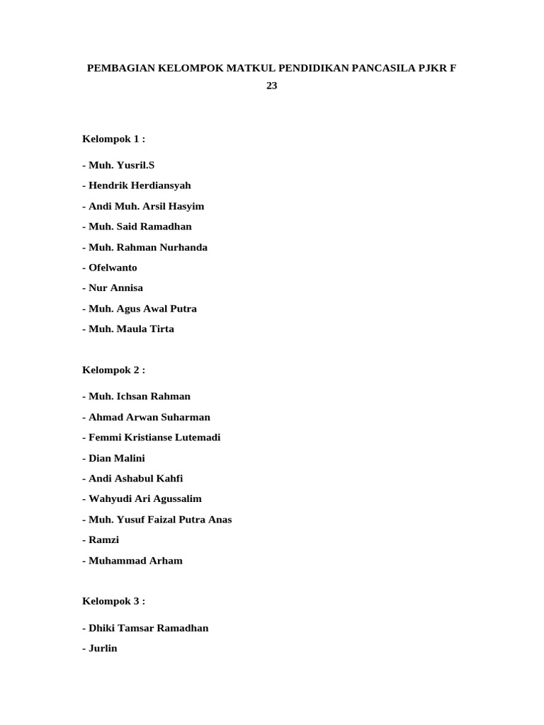 PEMBAGIAN KELOMPOK MATKUL PENDIDIKAN PANCASILA PJKR F 23 | PDF