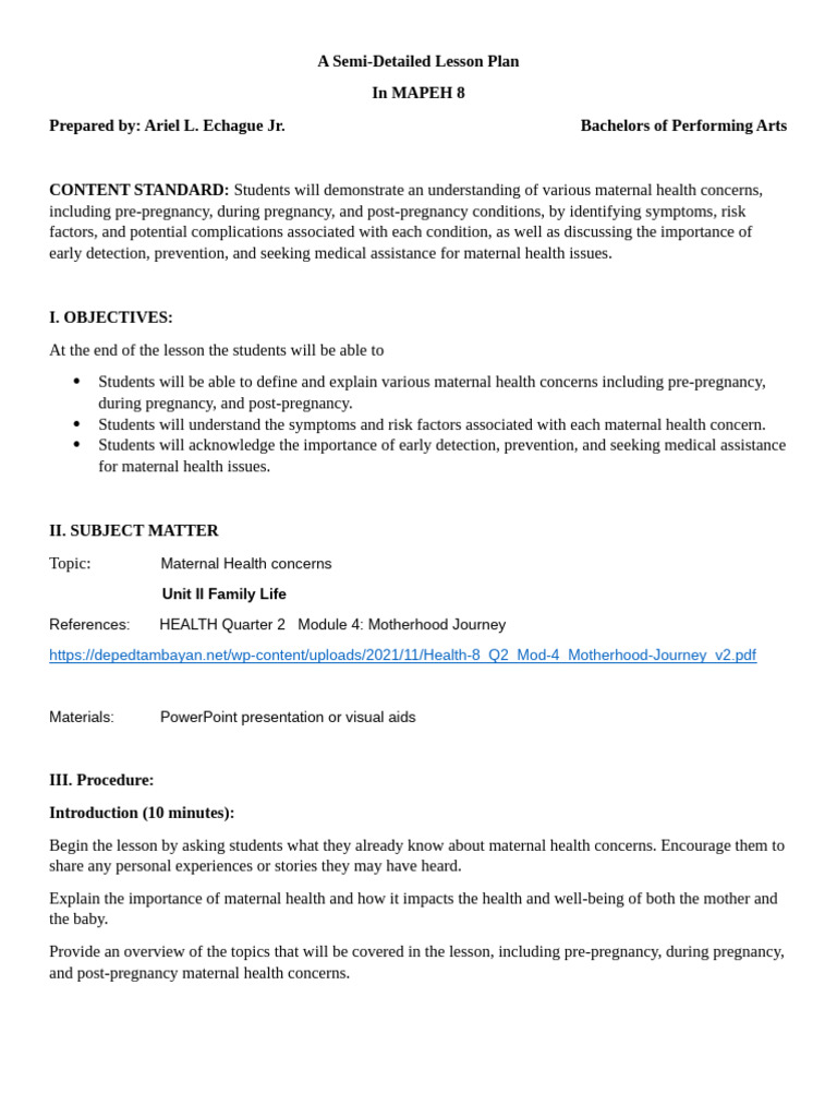 Maternal Health Lesson Plan | PDF | Maternal Health | Pregnancy