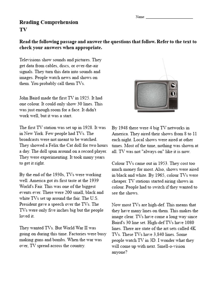 23 Mar G6 Reading Comprehension Worksheet | PDF | Television ...