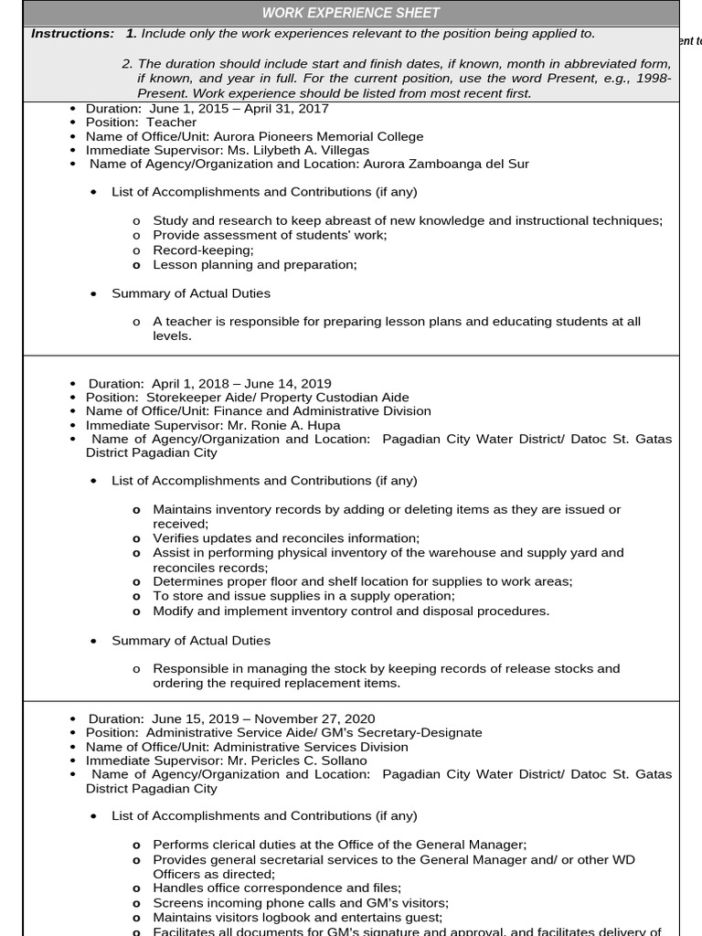 CS Form No. 212 Attachment - Work Experience Sheet (2) | PDF