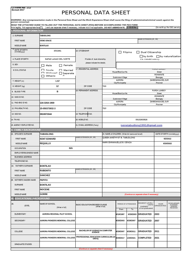 CS Form No. 212 Revised Personal Data Sheet - New | PDF