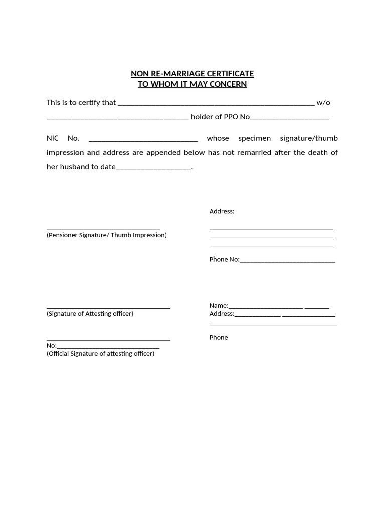 Non Remarriage Certificate Template | PDF