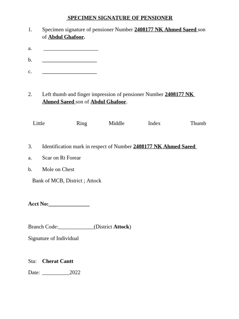 Specimen Signature of Pensioner | PDF