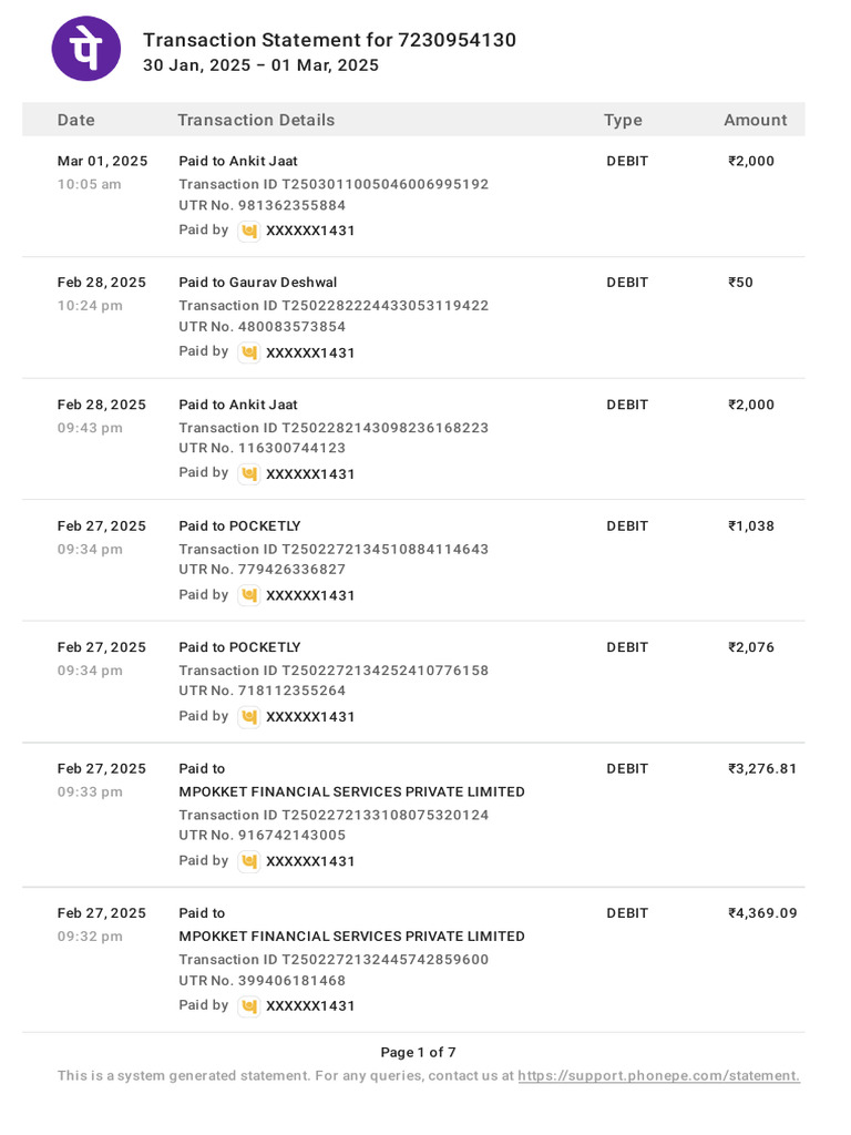 PhonePe Statement Jan2025 Mar2025 | PDF | Debits And Credits | Debit Card