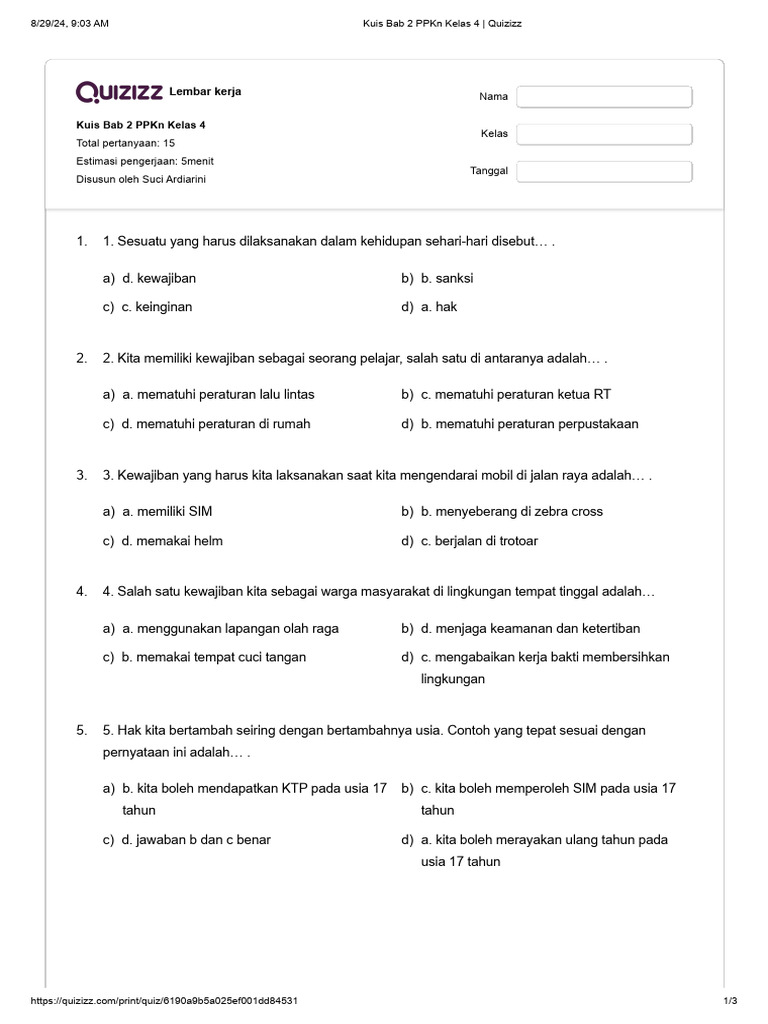 Kuis Bab 2 PPKN Kelas 4 - Quizizz | PDF