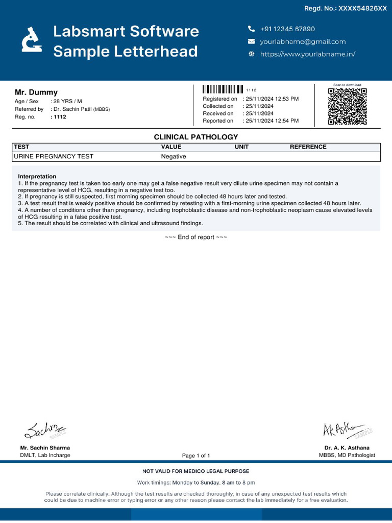 Urine Pregnancy Test Report - Negative | PDF