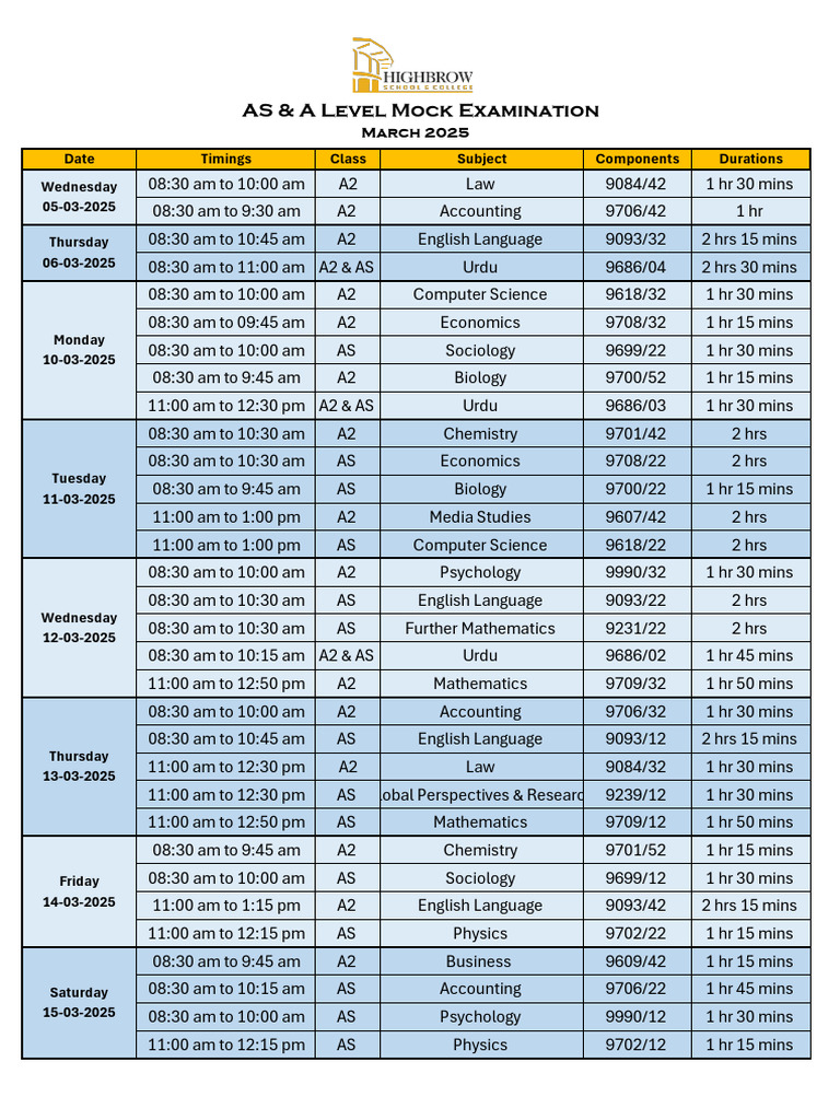 A Level Mock Timetable - March 2025 | PDF | Science