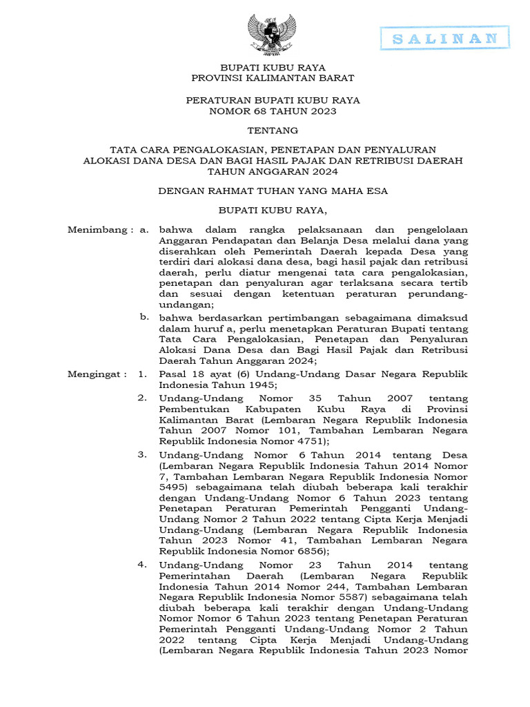 Salinan Perbup 68 Tahun 2023 TTG Tata Cara Pengalokasian, Penetapan Dan Penyaluran Add BHPRD Ta ...