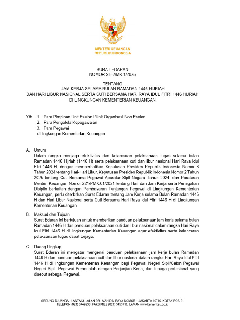 SE Jam Kerja Selama Ramadhan 1446 H | PDF