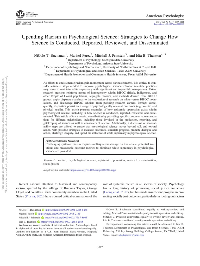 Upending Racism in Psychological Science - Strategies To Change How ...