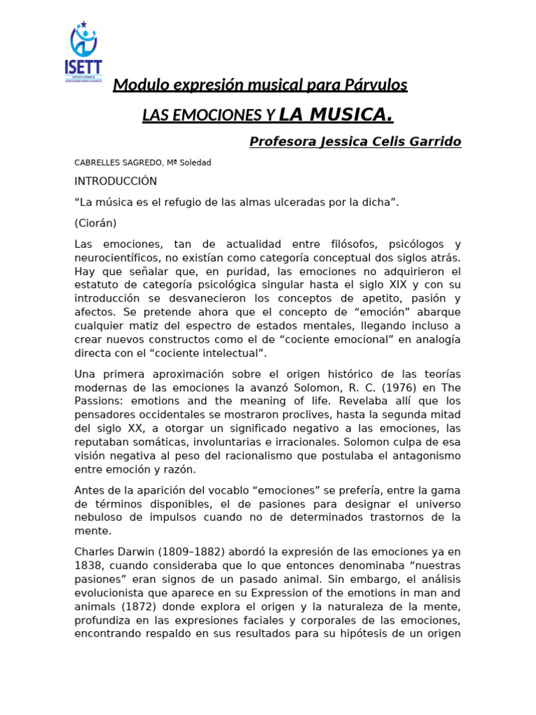 Emociones y Música en Párvulos | PDF | Las emociones | Temor