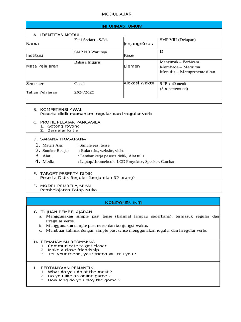 Modul Ajar Simple Past Tense | PDF