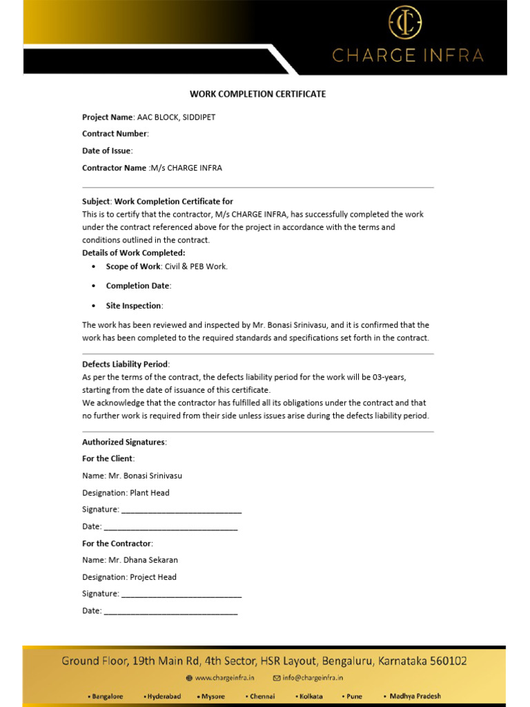 Work Completion Certificate for Charge Infra | PDF | Private Law ...