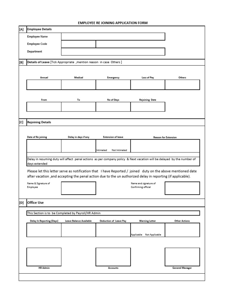 Employee Rejoining Appliacation Form | PDF