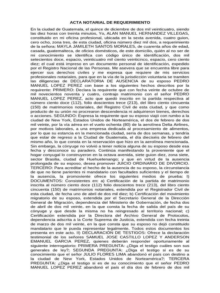 Acta Notarial de Declaratoria de Ausencia | PDF | Guatemala ...