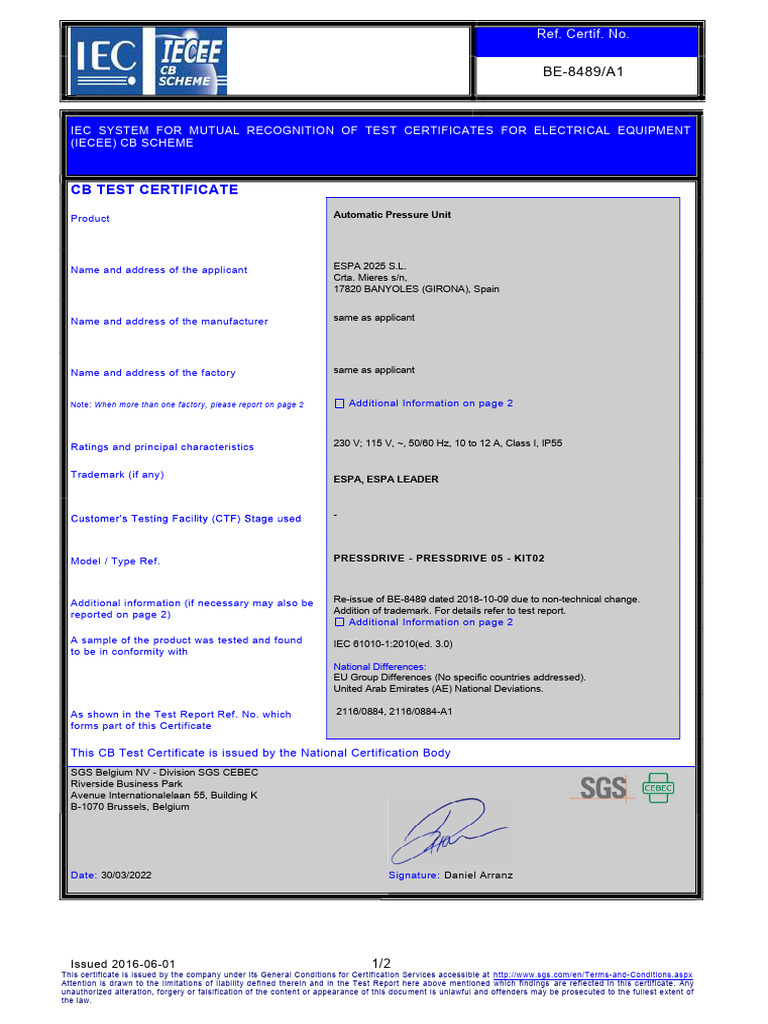 Certificate Iecee Pressdrive Espa | PDF | Electricity | Electrical ...