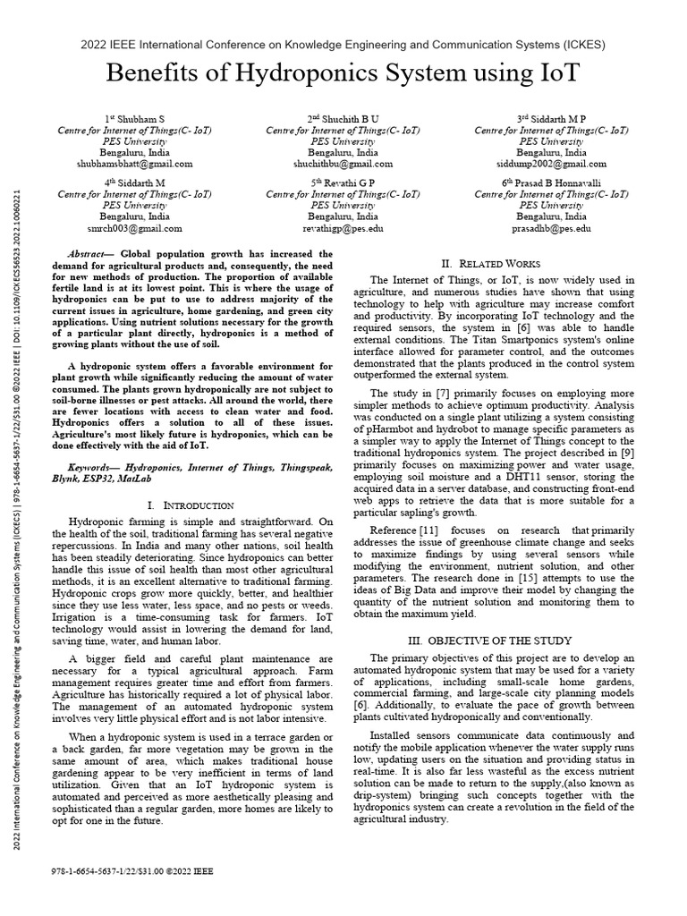 Benefits of Hydroponics System Using IoT | PDF | Hydroponics | Internet Of Things