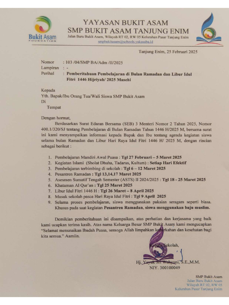 Surat Pemberitahuan Pembelajaran di Bulan Ramadan | PDF