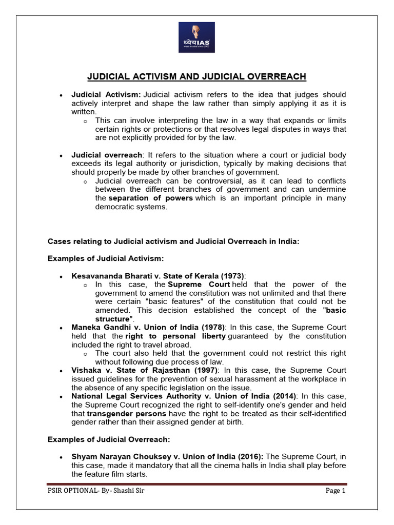Judicial Activism and Judicial Overreach Notes | PDF | Supreme Court Of ...
