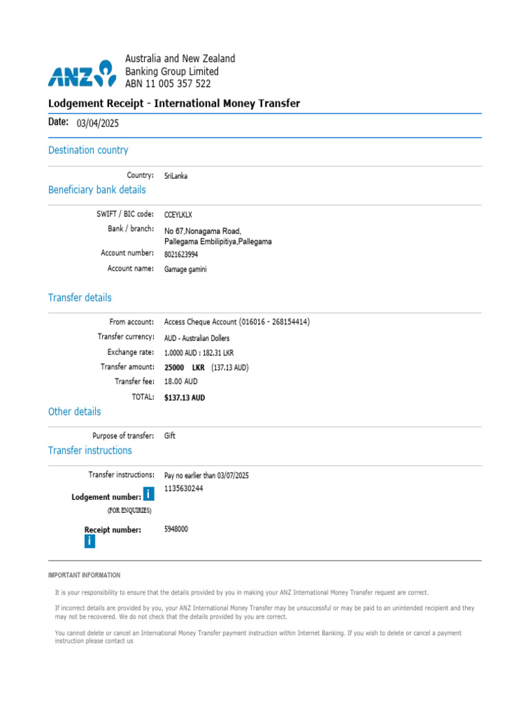 Lodgement Receipt - International Money Transfer: Date | PDF