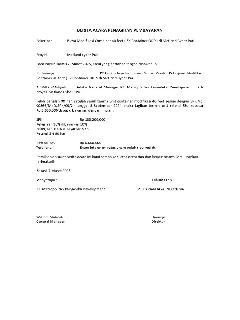 Berita Acara Penagihan Retensi 5 | PDF