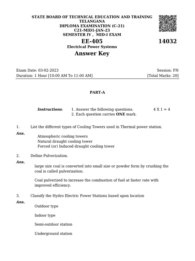 Electrical Power Systems Exam Answer Key | PDF | Power Station ...