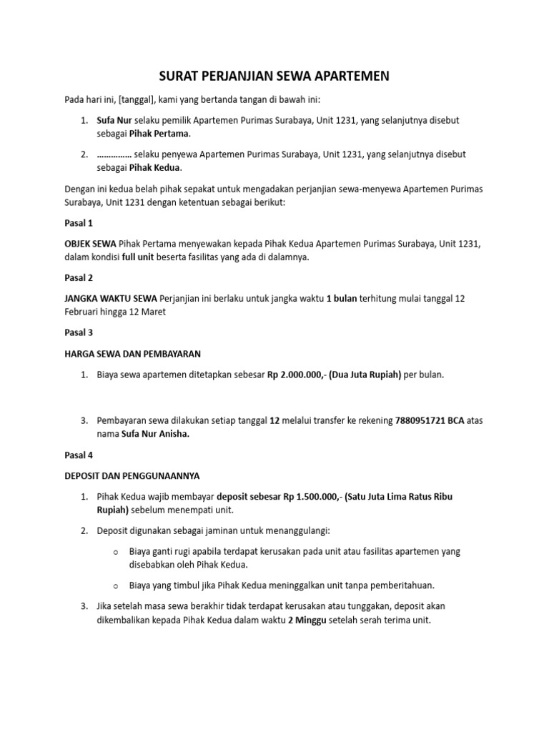 Surat Perjanjian Sewa Apartemen Pdf