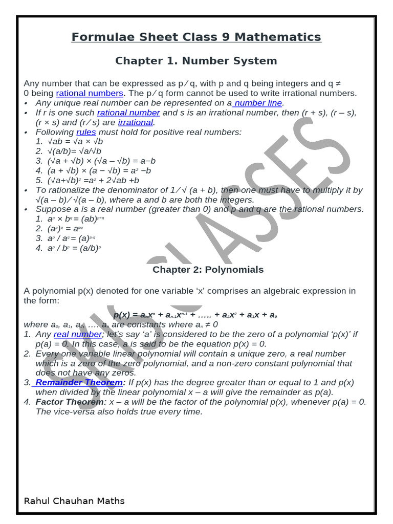 Formulae List Class 9 Mathematics | PDF | Circle | Cartesian Coordinate ...