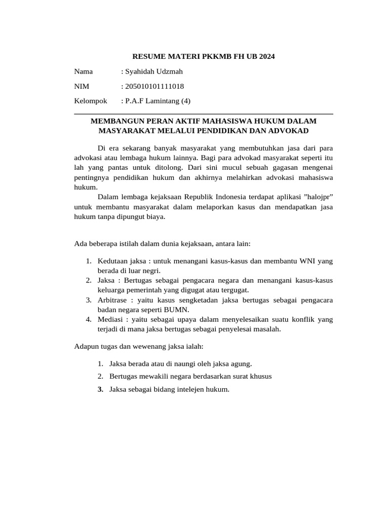 Resume Materi PKKMB FH Ub 2024 | PDF