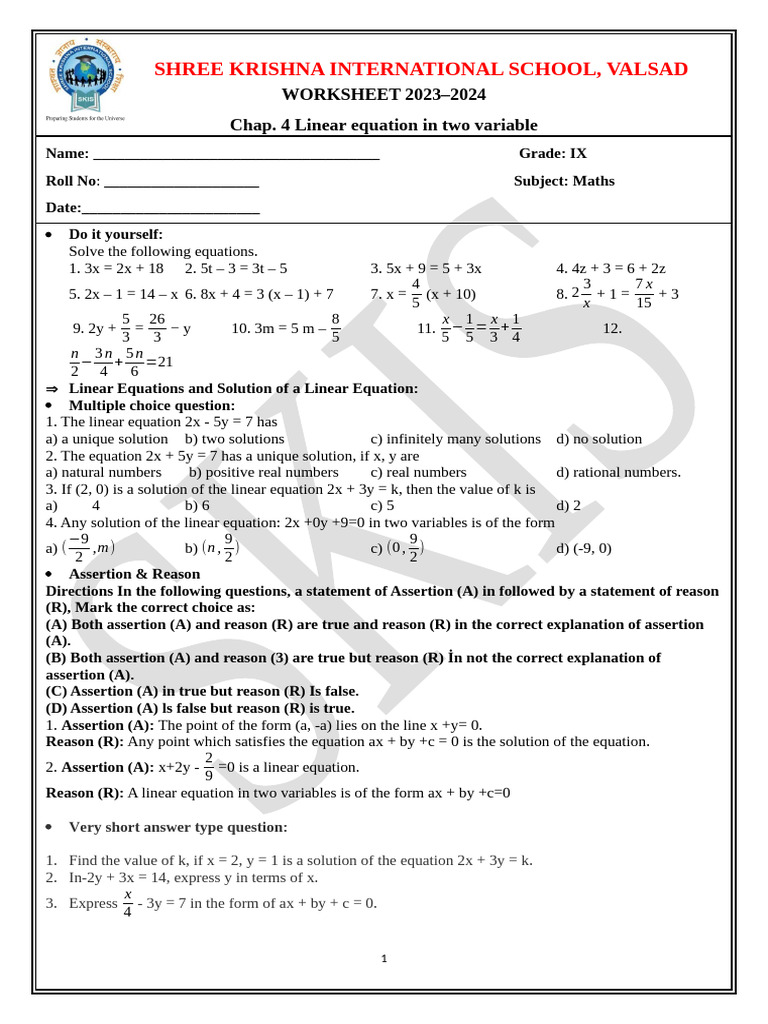 STD 9 Maths worksheet chap 4 linear equation in two variable | PDF | Fahrenheit | Equations