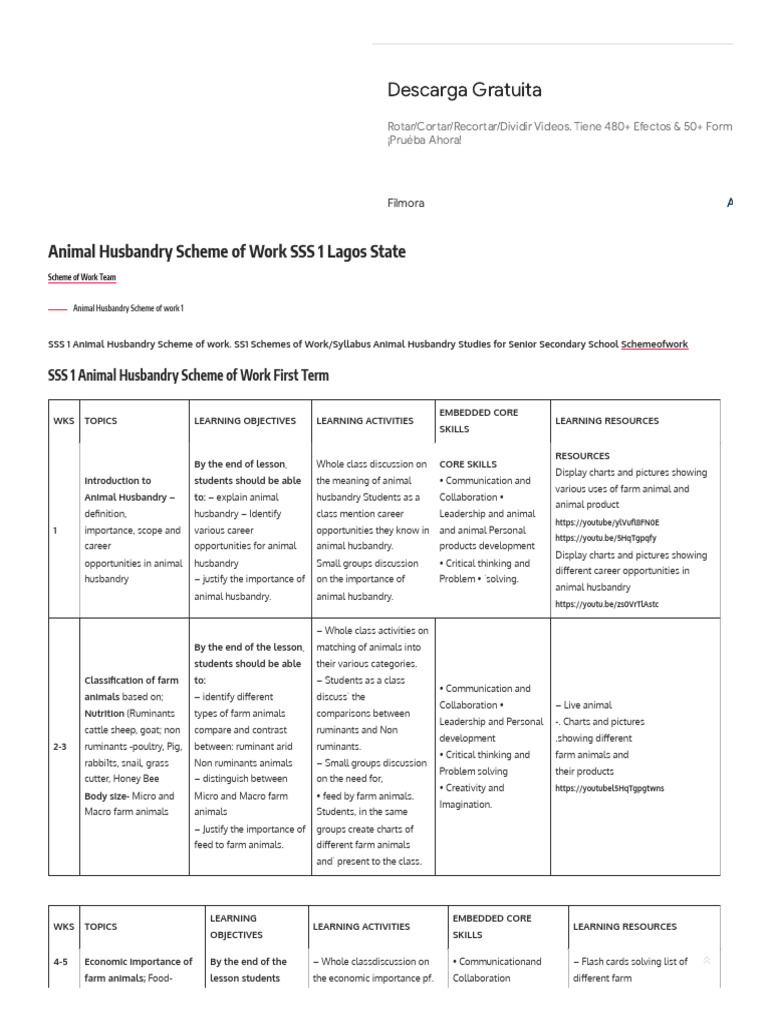 Animal Husbandry Scheme of Work SSS 1 Lagos State | PDF | Livestock ...