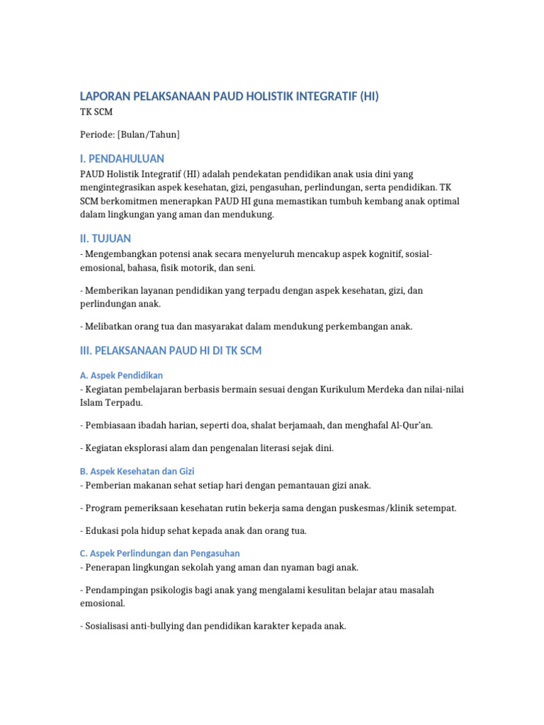 Laporan PAUD HI TK SCM-1 | PDF