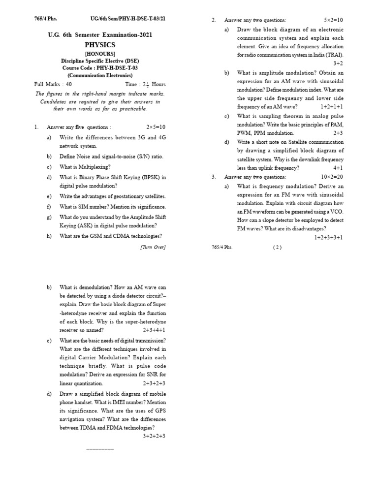 Physics - Phy-H-Dse-T-03 (Communication Electronics) | PDF | Osi Model