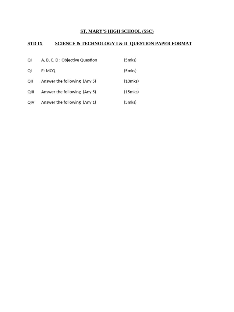 STD 9. Science Technology I II Question Paper Format | PDF