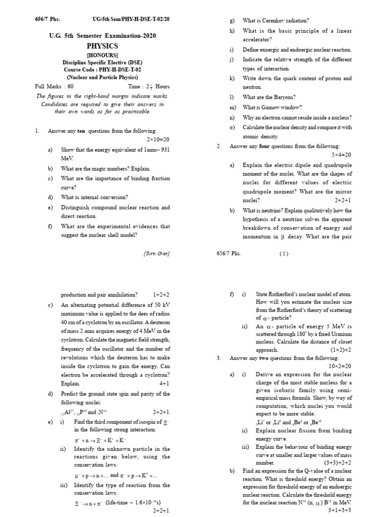 Physics - Phy-H-Dse-T-02 (Nuclear and Particle Physics) | PDF