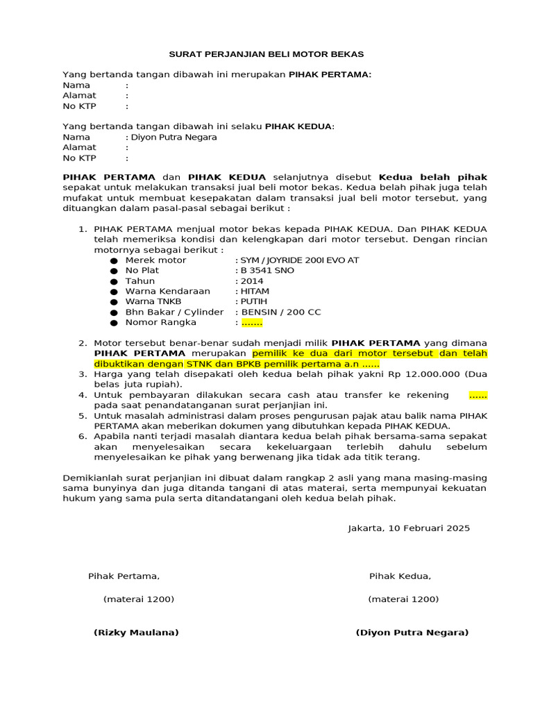 Template Surat Jual Beli Motor Bekas Joy Ride | PDF