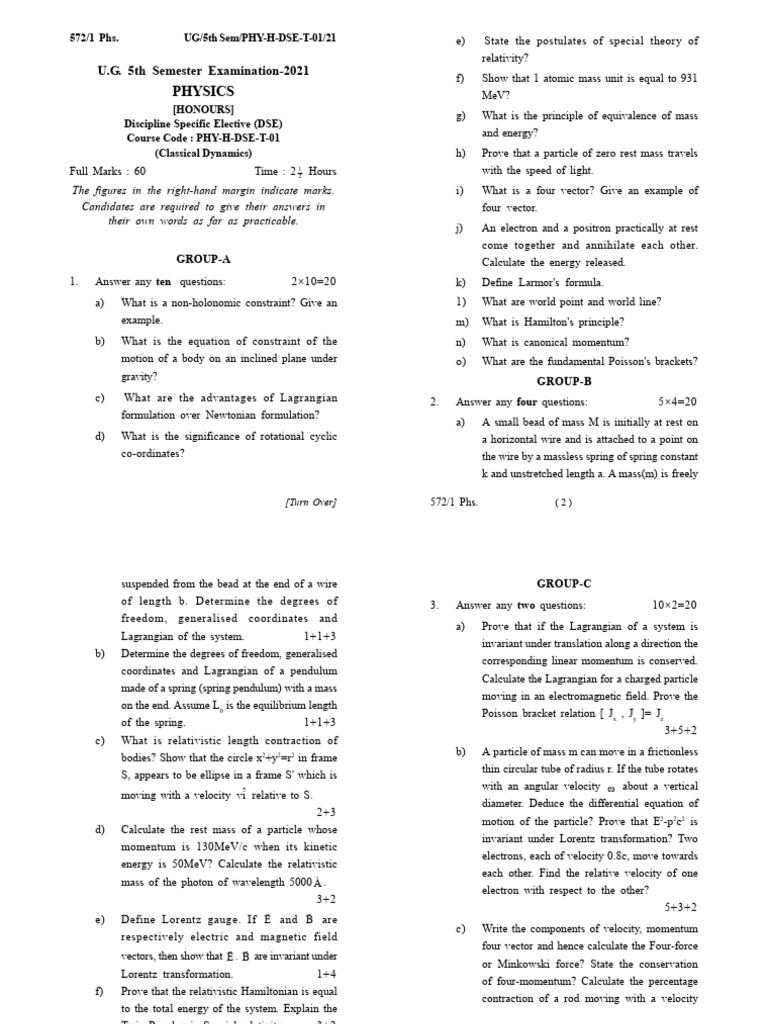 Physics - Phy-H-Dse-T-01 (Classical Dynamics) | PDF