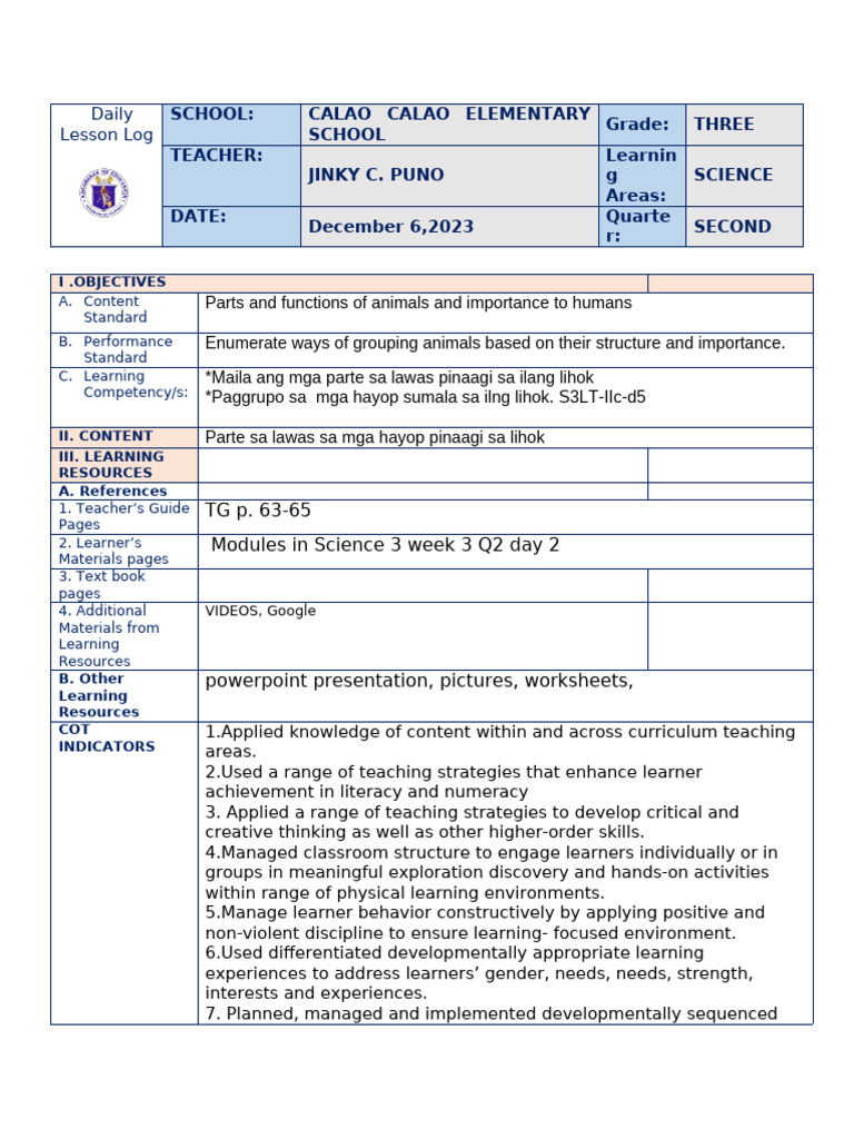 Grade 3 COT Science Q2 2023 | PDF | Learning | Teachers