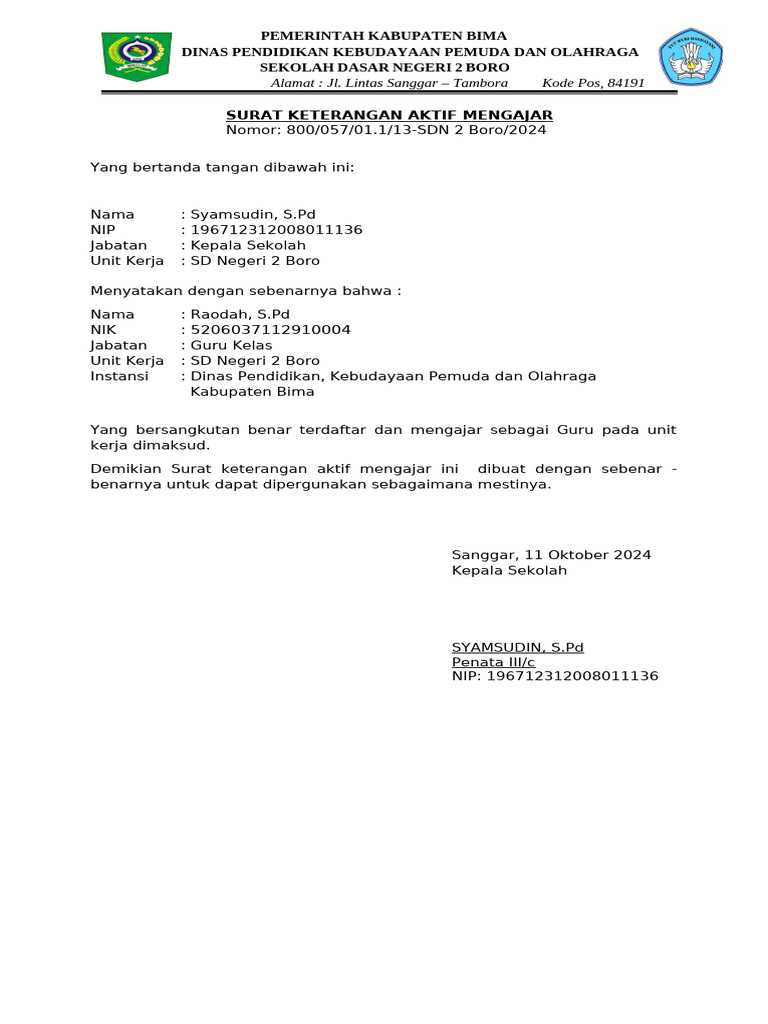 SURAT KETERANGAN AKTIF MENGAJAR Di Sekolah 2 Boro | PDF